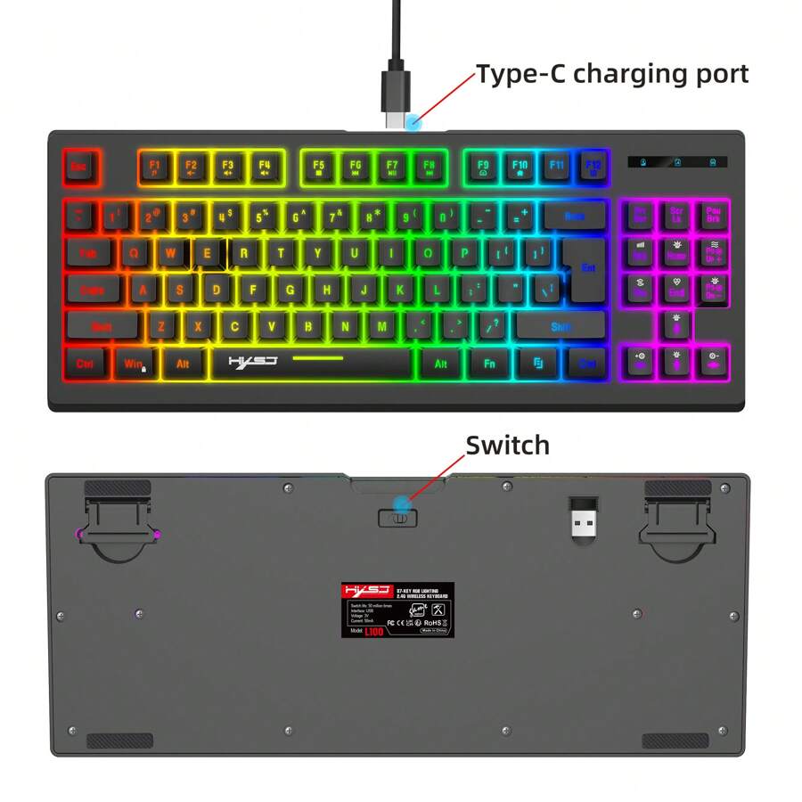Wireless Keyboard Rechargeable RGB Backlit Ergonomic Keyboard, Light Up ...
