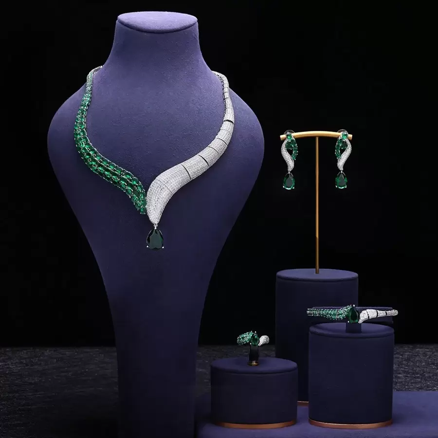 High end luxury Dark Green CZ gold plated snake Earring Necklace Set ...