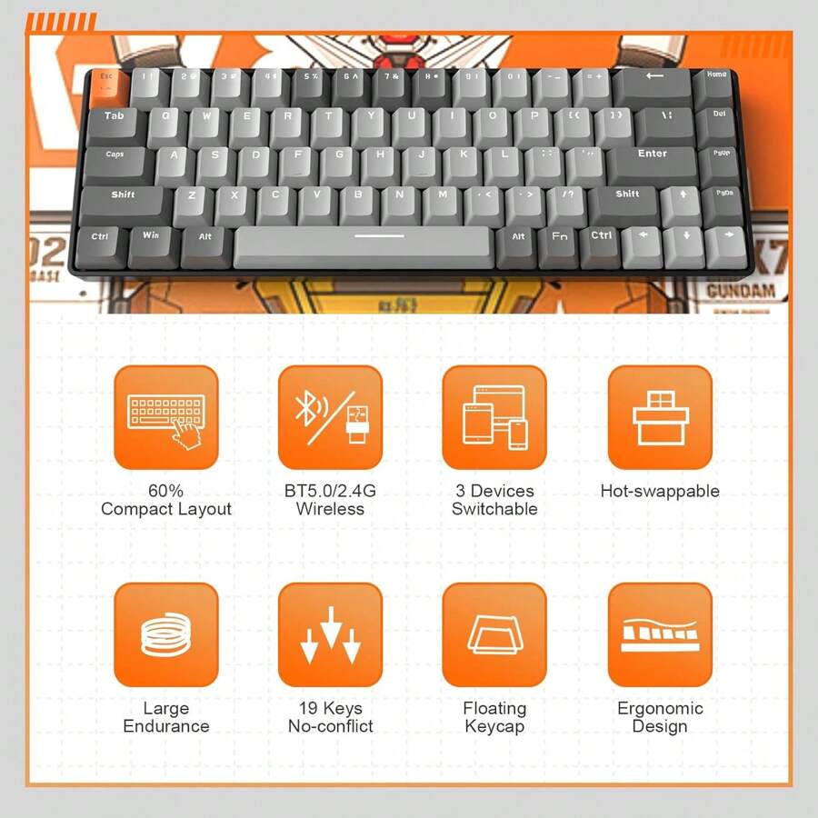 MAGIC-REFINER RK68 Wireless Mechanical Keyboard, 60% Percent Gaming ...