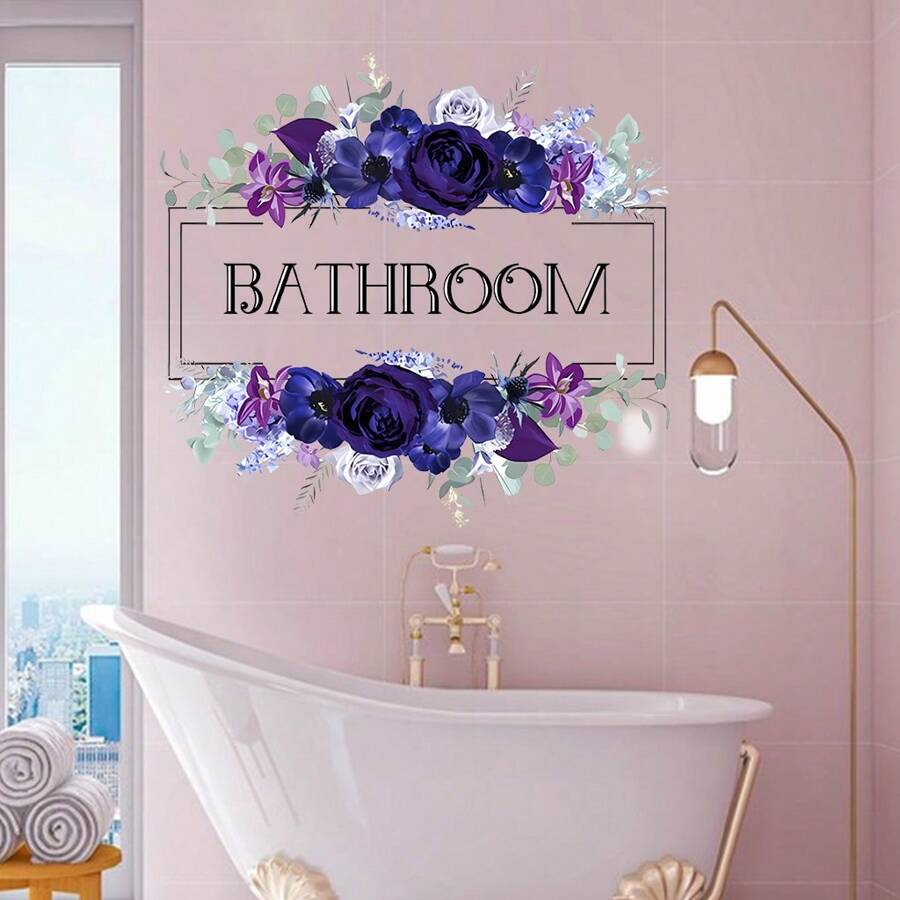Bathroom Purple Flower Decal Door Sign Sticker Removable PVC Wall ...