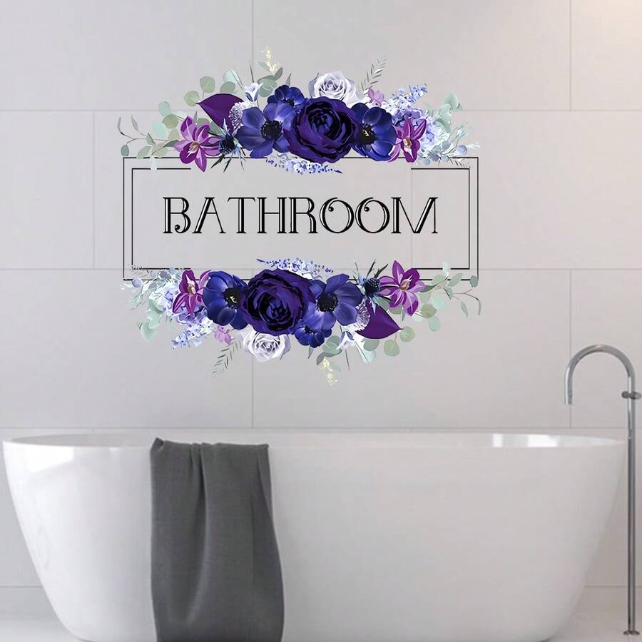 Bathroom Purple Flower Decal Door Sign Sticker Removable PVC Wall ...