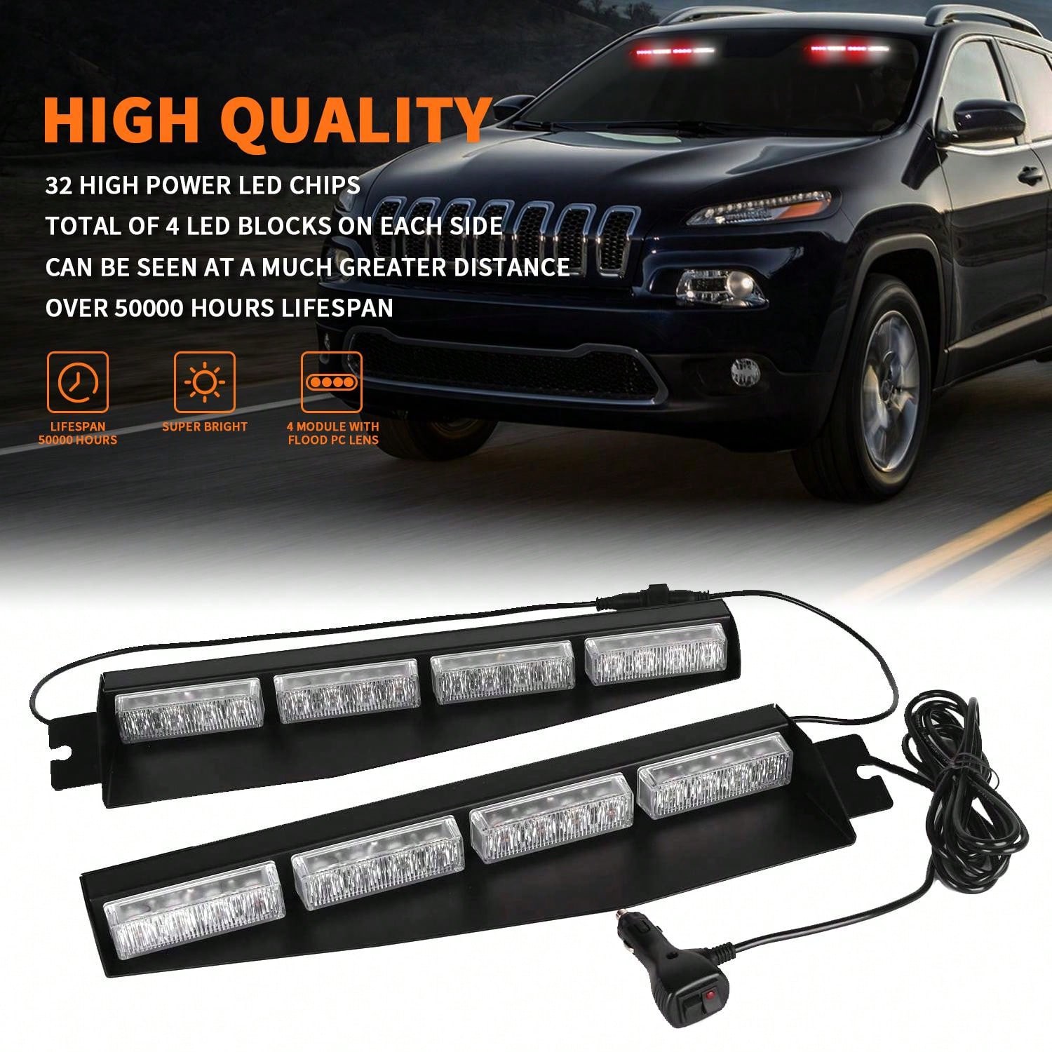 32 LED Visor Strobe Light Bar Interior Windshield Sunvisor Emergency ...