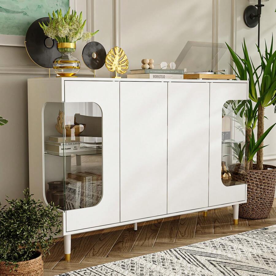 55.1"W Lighted Storage Cabinet with Glass Doors, Wooden Dispaly Cabinet ...
