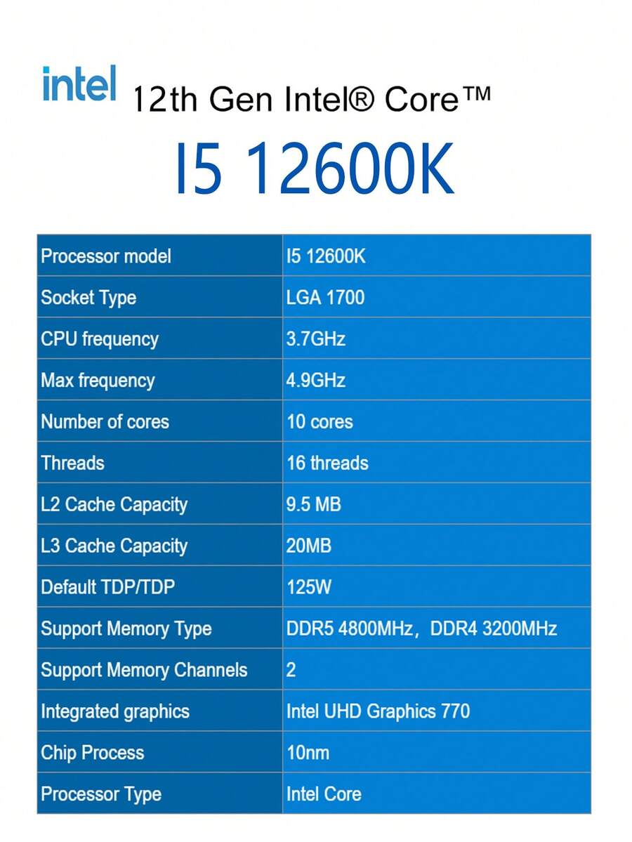 Intel Core i5-12600K i5 12600K 3.7GHz 10-Core 16-Thread CPU Processor ...