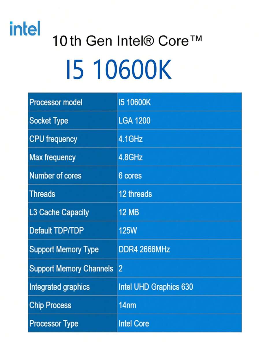 Intel Core I5-10600K I5 10600K 4.1GHz 6-Core 12-Thread CPU Processor L3=12M 125W LGA 1200 No Fan ...