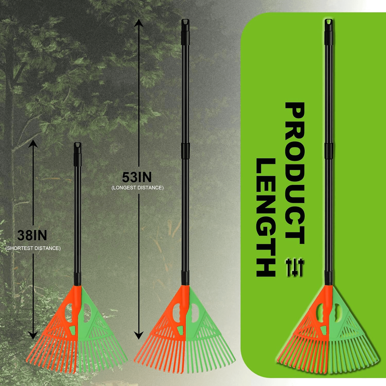 2IN1 Rake for Leaves, 22'' Width 24 Tines Orange-Green Heavy Duty ...