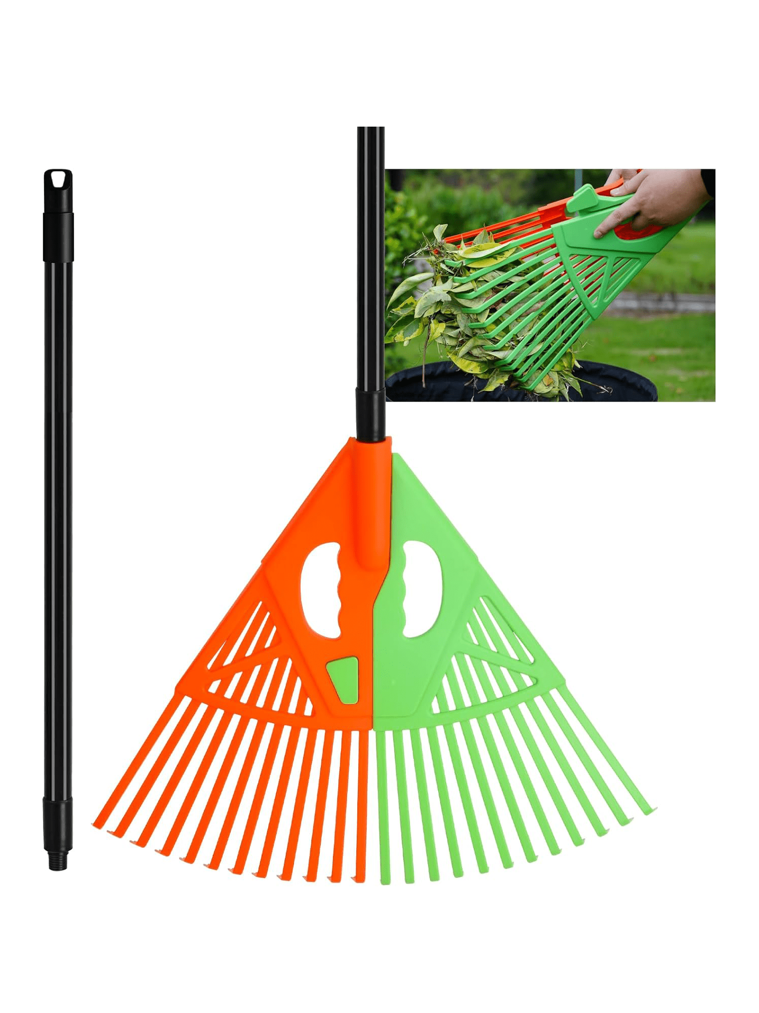 2IN1 Rake for Leaves, 22'' Width 24 Tines Orange-Green Heavy Duty ...