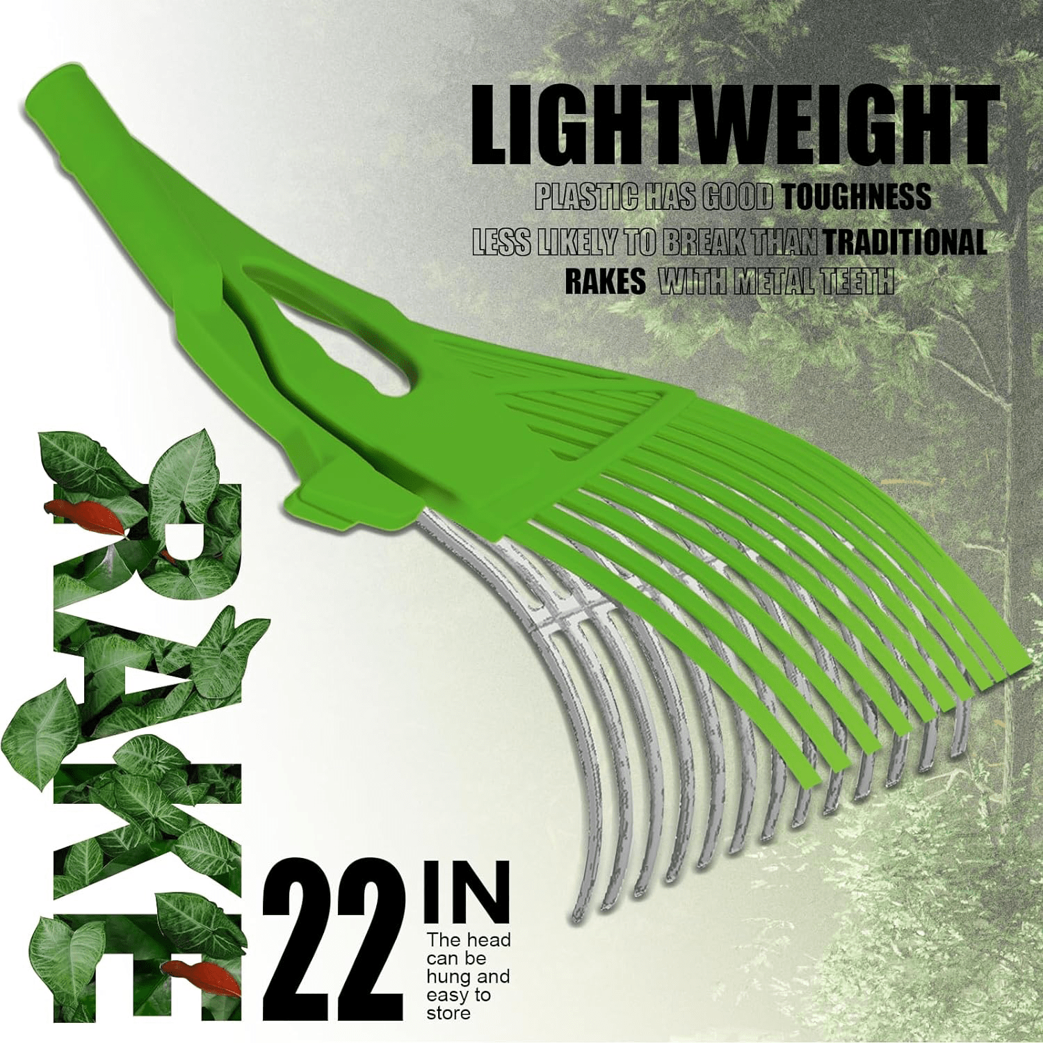 2IN1 Rake for Leaves, 22'' Width 24 Tines Orange-Green Heavy Duty ...