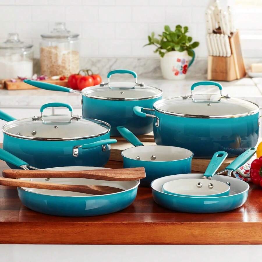 12-Pieces Porcelain Enamel Classic Ceramic Cookware Set, Ombre Teal ...