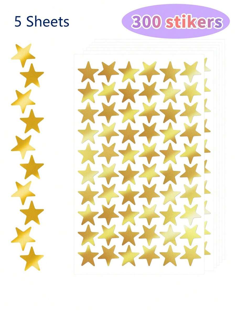 5 Sheets 300 PCS Holographic Star Stickers, Golden Stickers Teacher ...