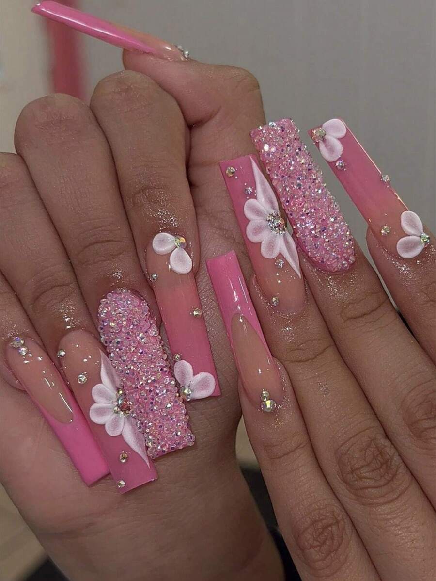 24PCS Long Square Pink French Fake Nails 3D Five-Petaled Flower&3d ...