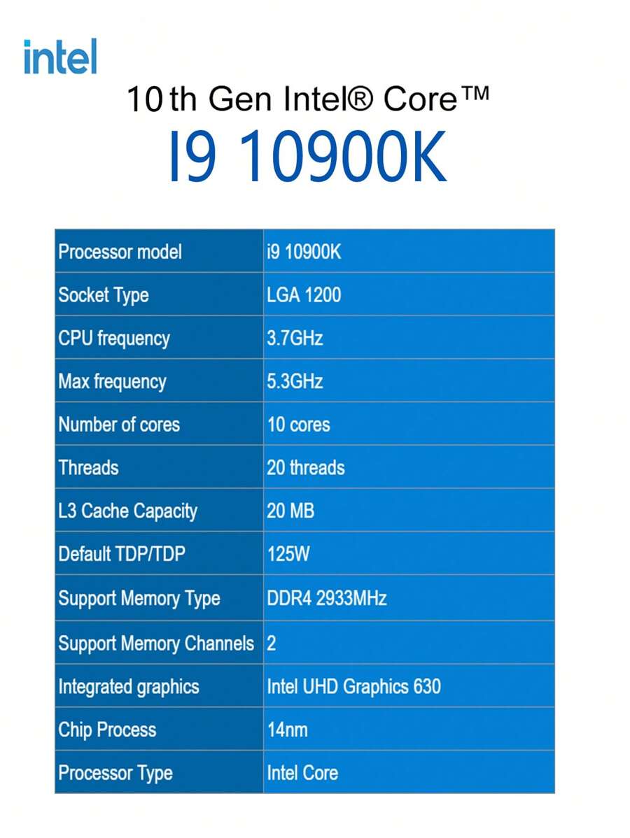 Intel Core i9-10900K i9 10900K 3.7GHz 10-Core 20-Thread CPU Processor ...