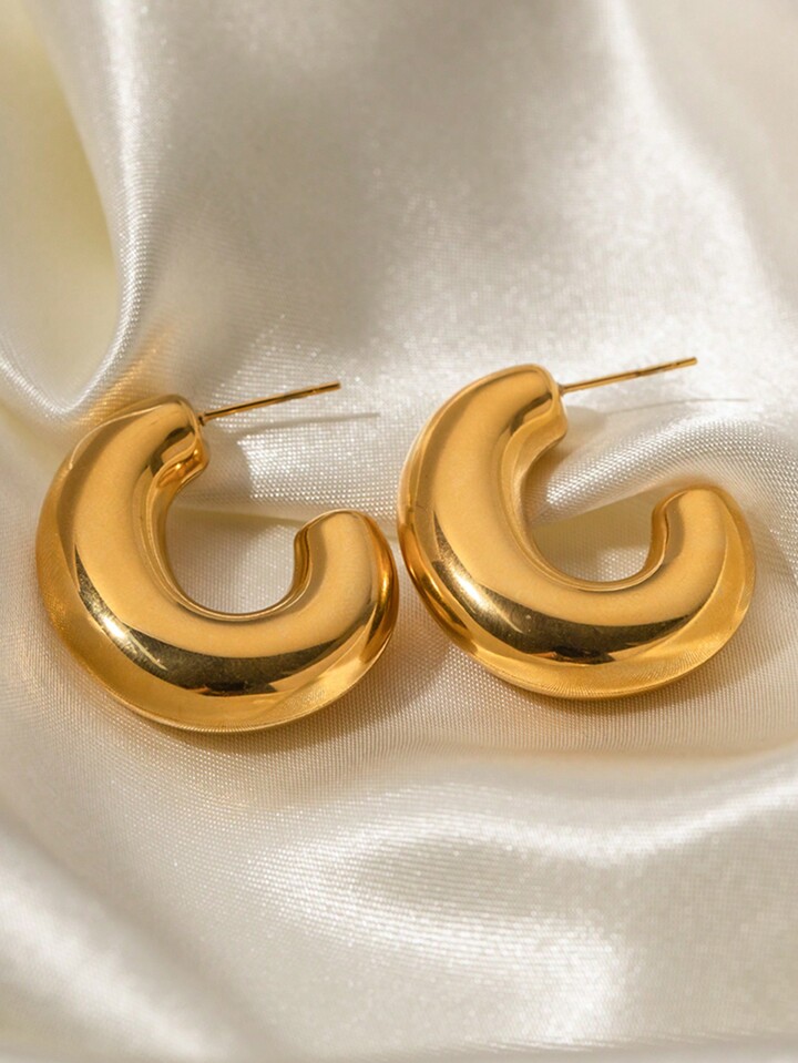 1pair C Shape 18K Gold Plated Stainless Steel Hoop Earrings Thick Gold Hoop Earrings For Women Daily Wearing