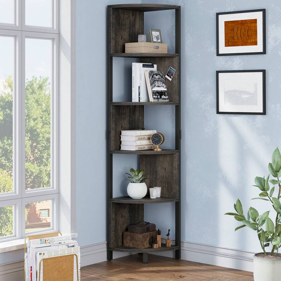 YITAHOME 5 Tier Industrial Corner Bookshelf Modern Bookcase Display ...