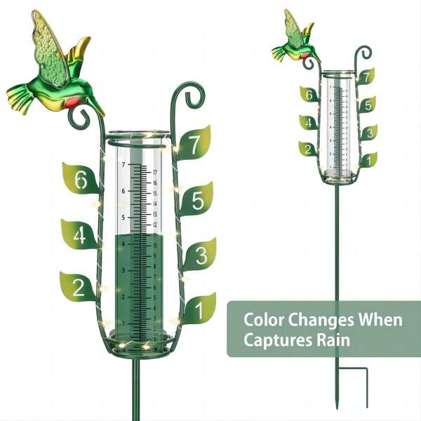 Solar Powered Rain Gauge With Hummingbird Design, Glass And Led Light ...