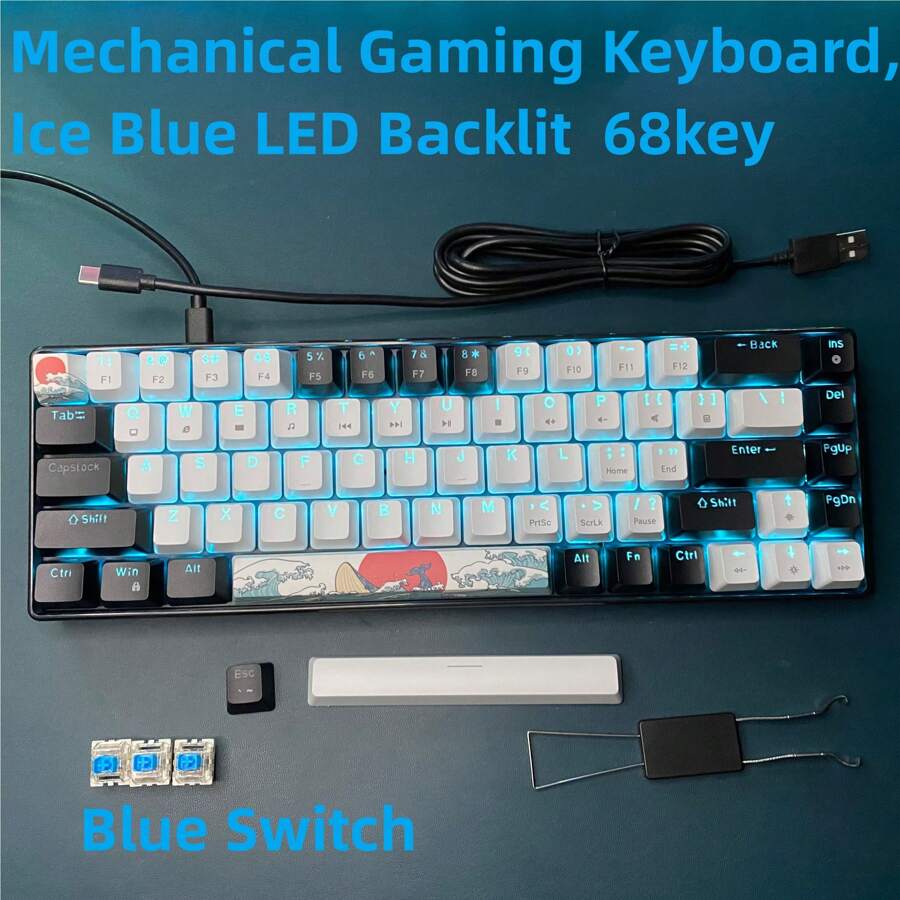 Portable 60% Mechanical Gaming Keyboard, Ice Blue LED Backlit Compact ...