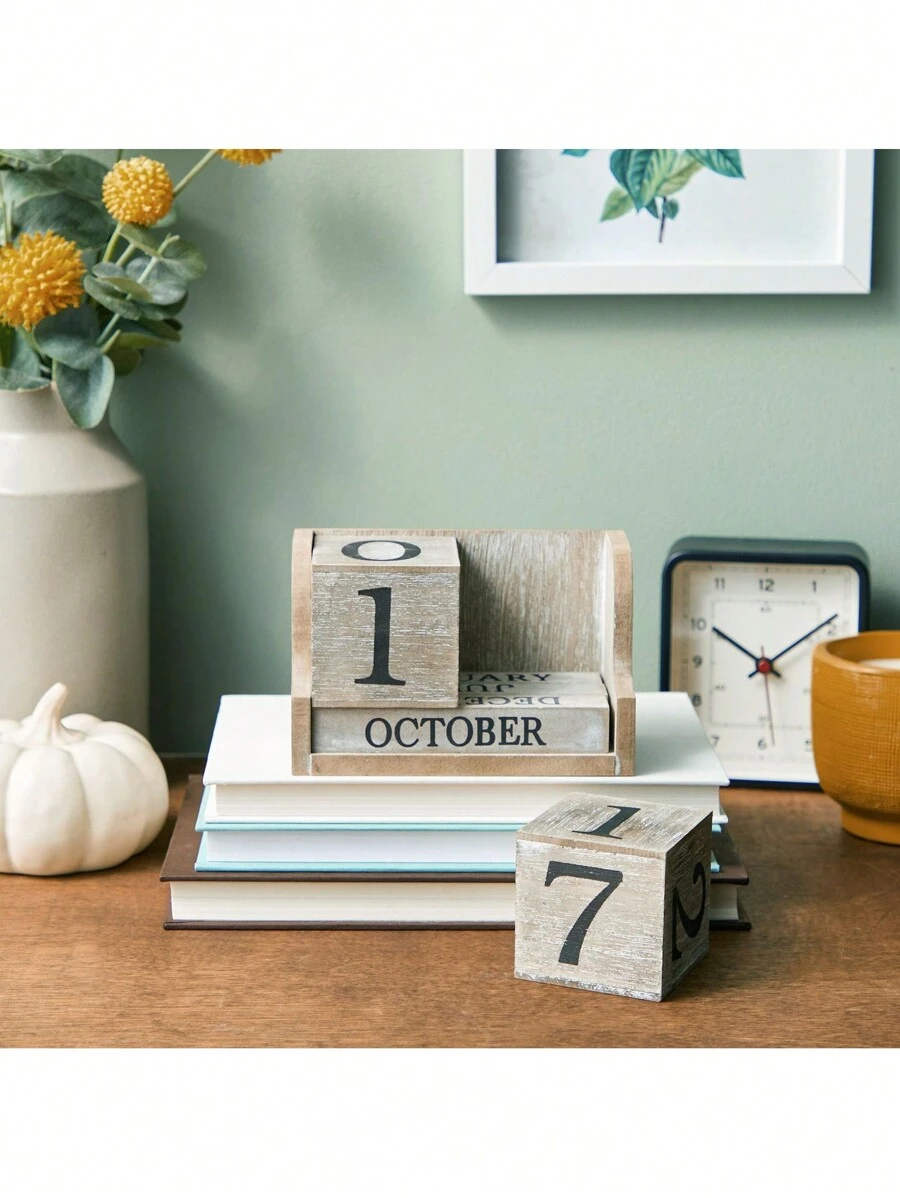 Wooden Perpetual Block Calendar For Desk, Wood Month Date Display ...