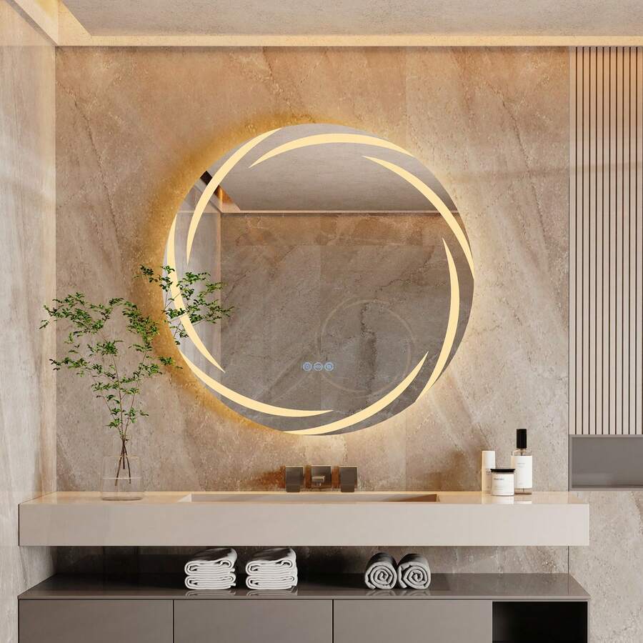 Backlit Smart LED Bathroom Mirror: 24 Inch Round Dimmable 3 Colors Anti ...