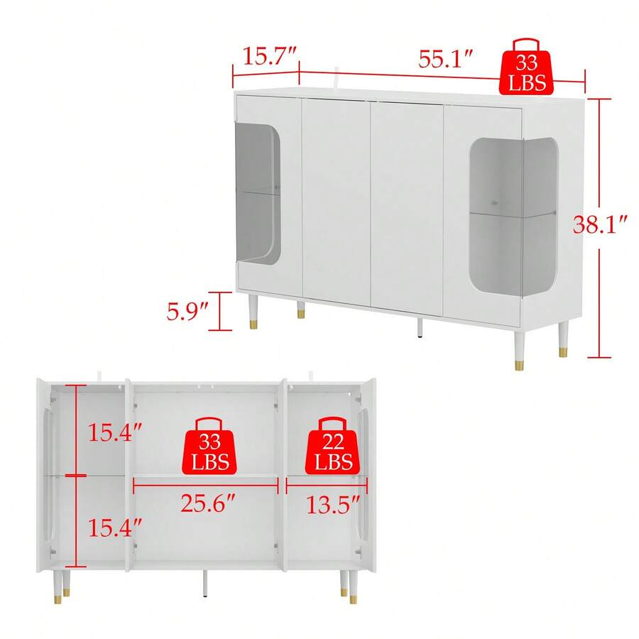 55.1"W Lighted Storage Cabinet with Glass Doors, Wooden Dispaly Cabinet ...