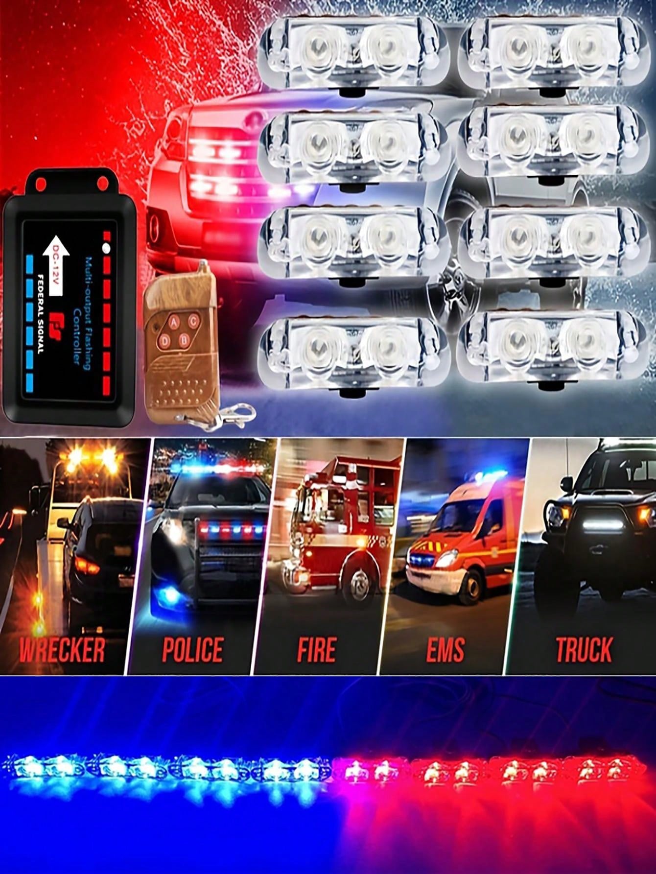 2LED x 8PCS Wireless Remote Car Strobe Light Police Emergency Warning ... 2LED x 8PCS Wireless Remote Car Strobe Light Police Emergency Warning ...