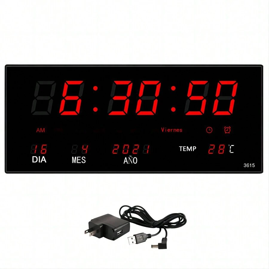 Red Led Wall Clock Thermometer And 4 Alarms 36x15 Cm | SHEIN USA