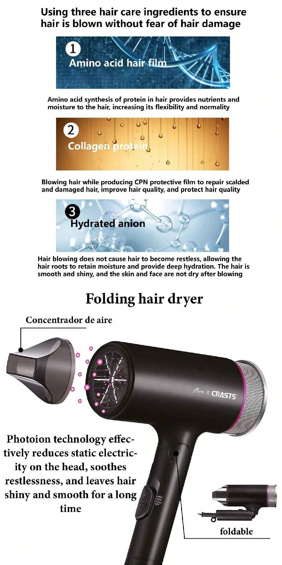 CRASTS Crasts Md-15 Foldable High Power Hair Dryer With Concentrator Nozzle, 3 Temperature ...