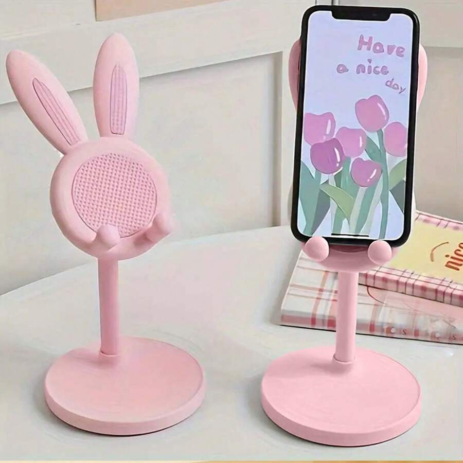 1pc Pink Multifunctional Adjustable Rabbit Ear Phone Stand For Desk ...