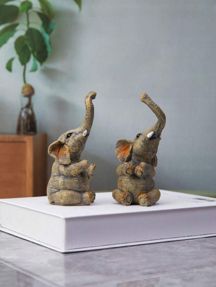 2pcs Resin Elephant Couple Figurine Home Decor Ornament With Long Nose ...