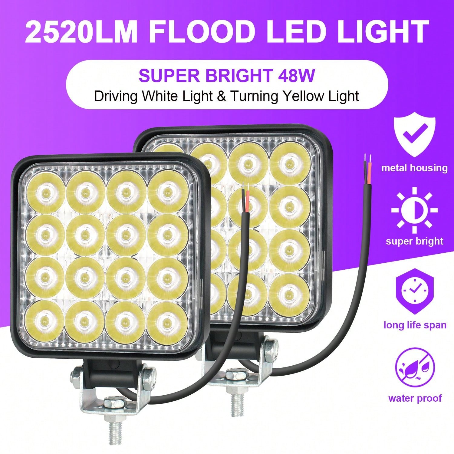 2x 4 Inch Square LED Work Lights Flood Lights Spot Lights Off-Road Fog ...