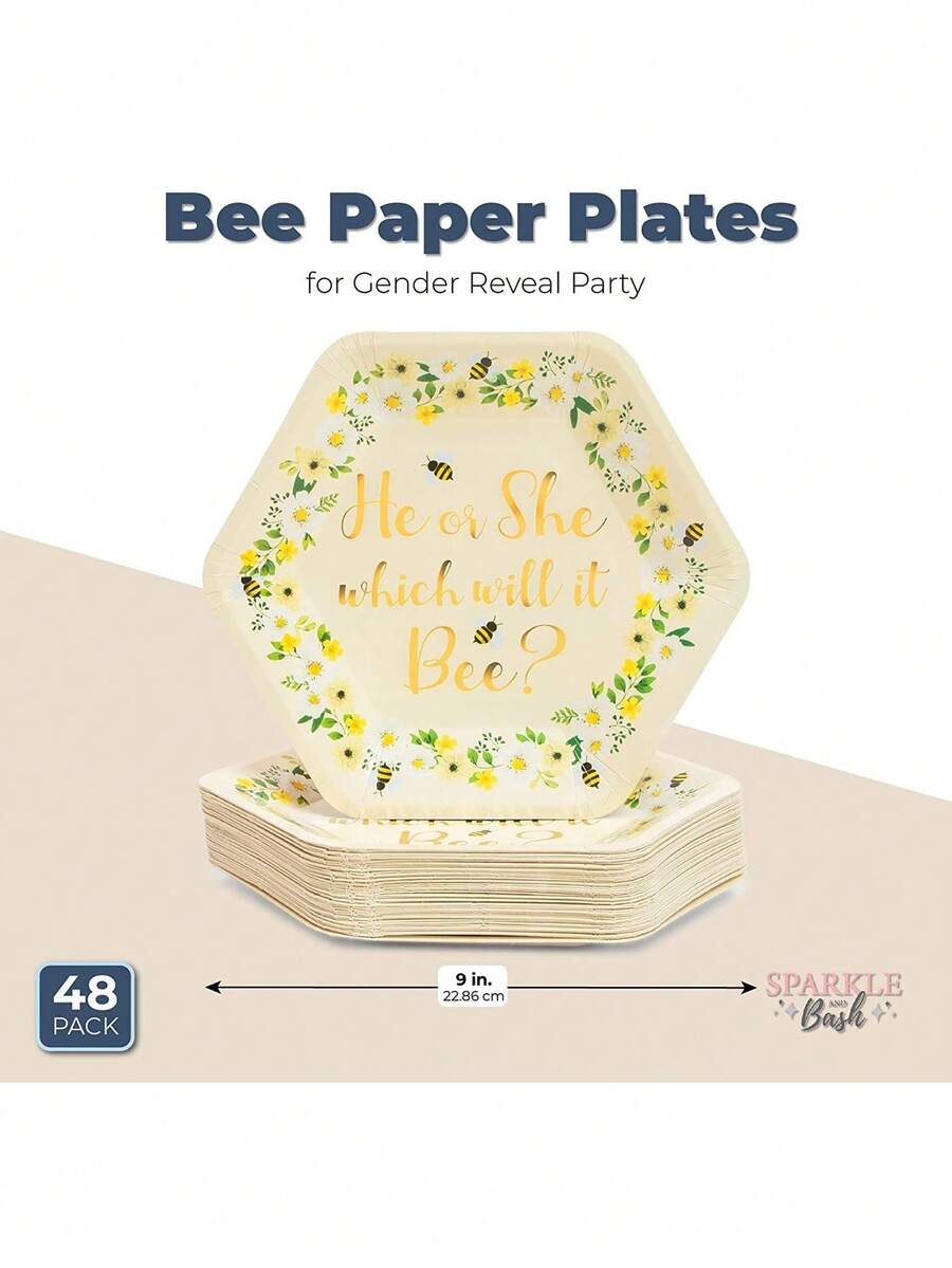 Bee Paper Plates For Gender Reveal Party (9 Inch Hexagon, 48 Pack ...