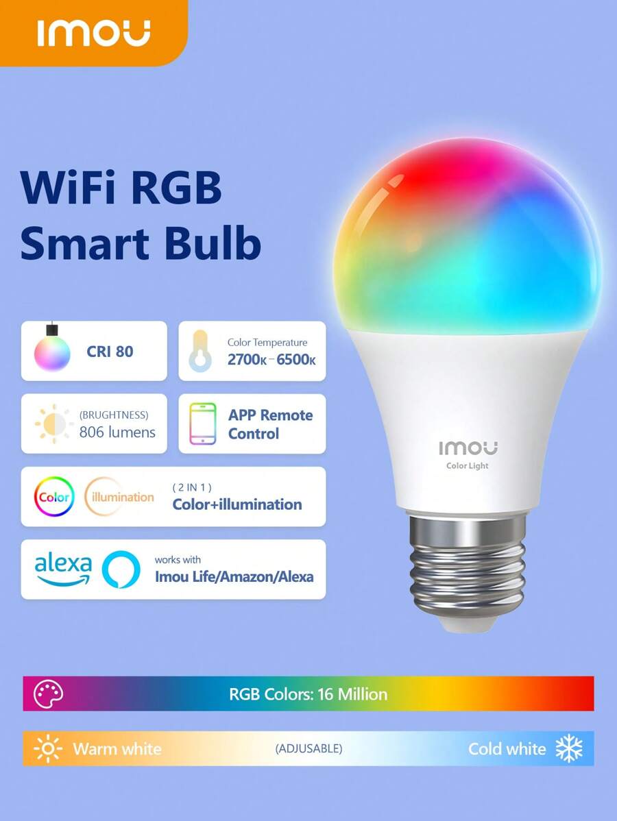 IMOU IMOU B5 Smart LED Bulb E26 Wifi Light RGB Warm/Cool White Lamp ...