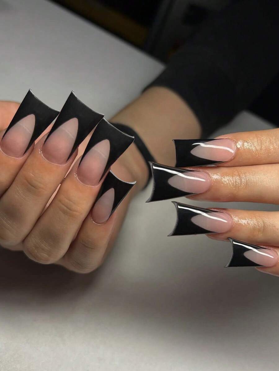 24pcs XXL Long Duck Nail Tips Long Duck Black French Nail Press On ...