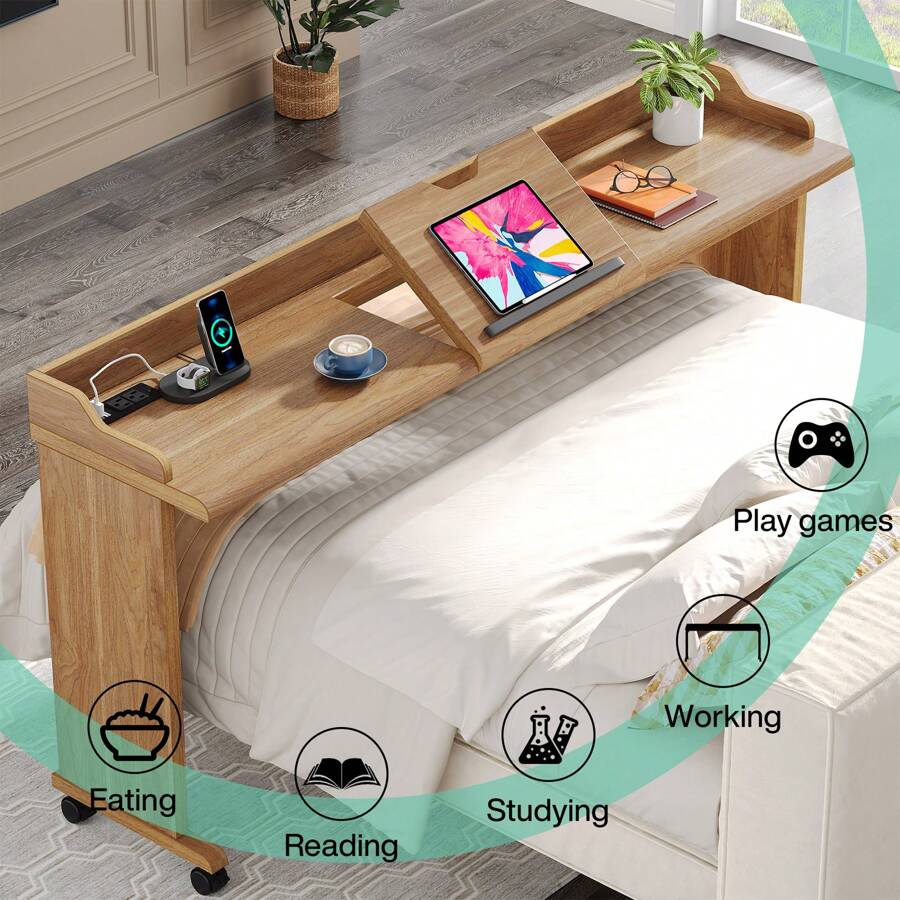 Tribesigns 70.8" Over Bed Table with Wheels Large Overbed Desk with Outlet and USB, Mobile Queen ...