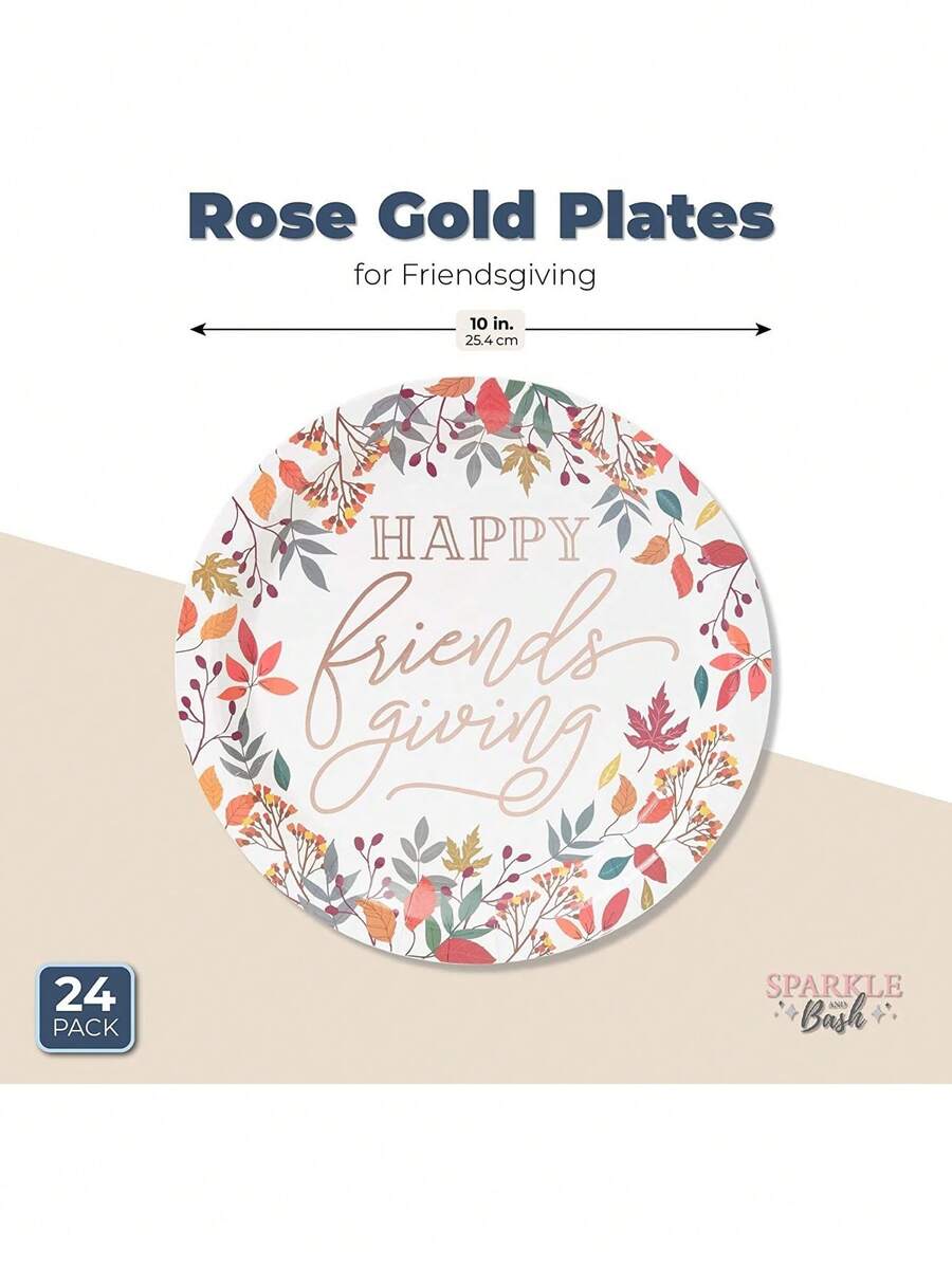 24 Pack Large Friendsgiving Paper Plates With Fall Leaves, Rose Gold ...