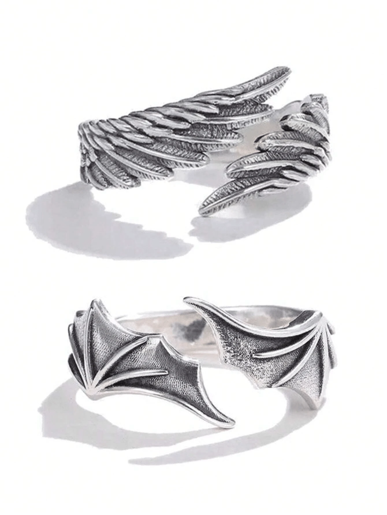 2pcs/set Vintage Alloy Wing Shaped Couple Rings (angel & Devil Design ...