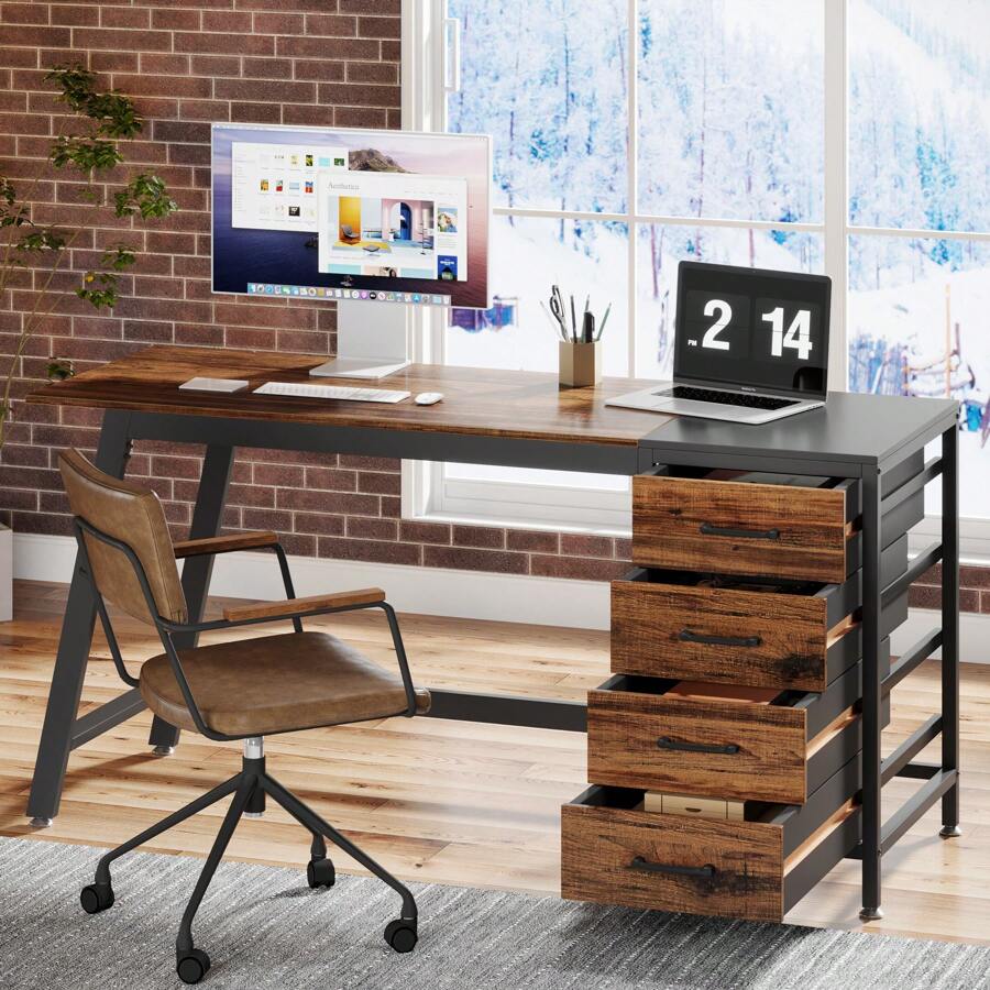 Tribesigns Computer Desk with 4 Drawers, 55 Inches Reversible Home ...