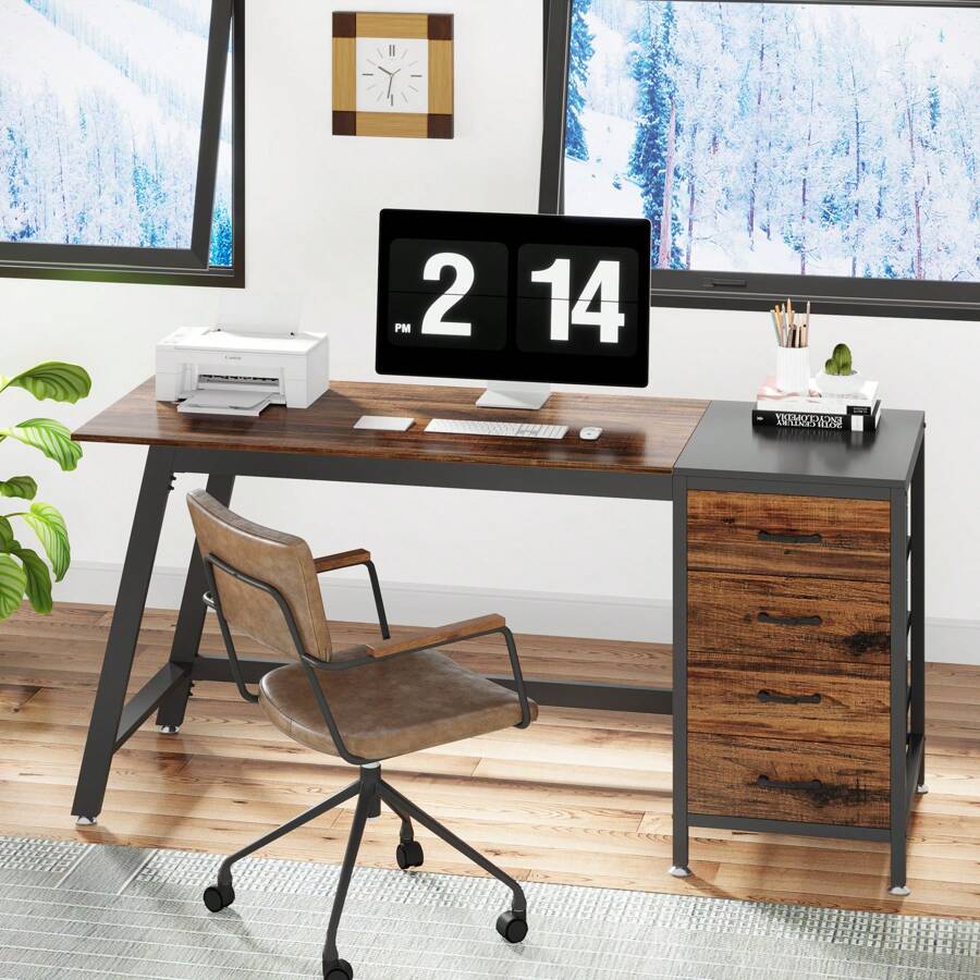 Tribesigns Computer Desk with 4 Drawers, 55 Inches Reversible Home ...