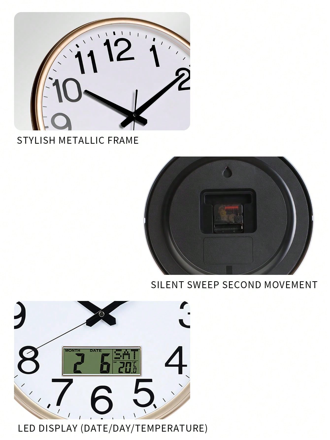 Large-sized Gold & Woodgrain Color Wall Clock With Date, Month, Weekday ...