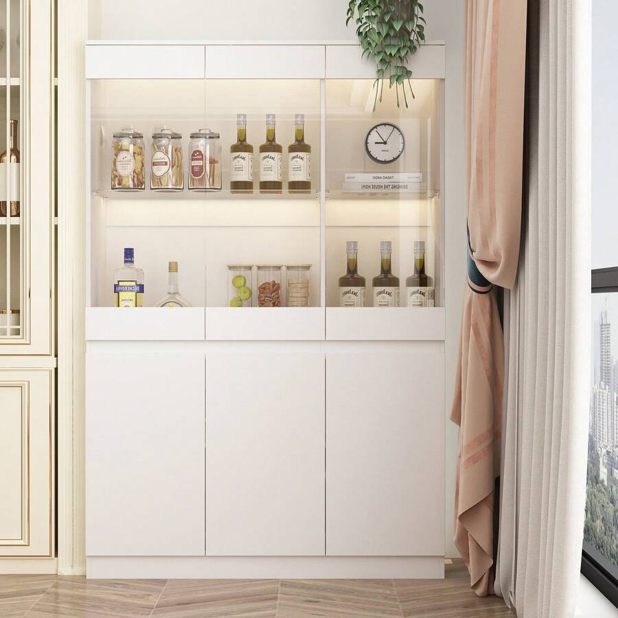 LED Lighted Storage Cabinet, Dining Cabinet Kitchen Pantry Cabinet with ...