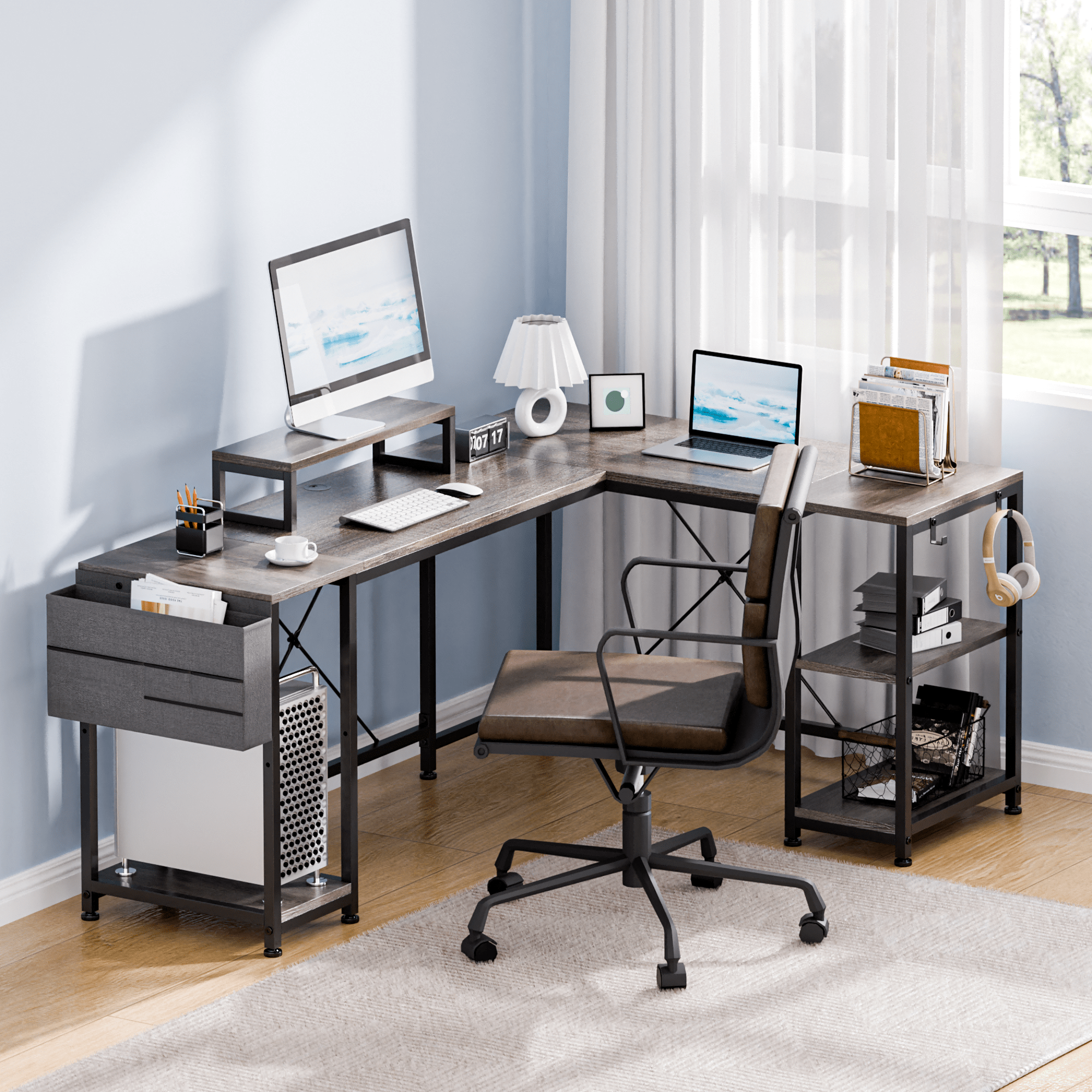 Reversible Computer Desk, L Shaped Desk Office Desk with 3 Shelves ...