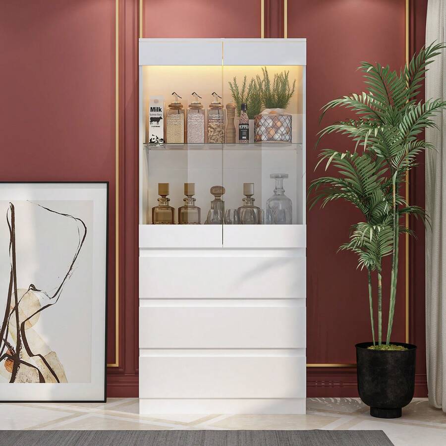 70.8" Tall LED Lighted Storage Cabinet, Large Kitchen Pantry Cabinet ...