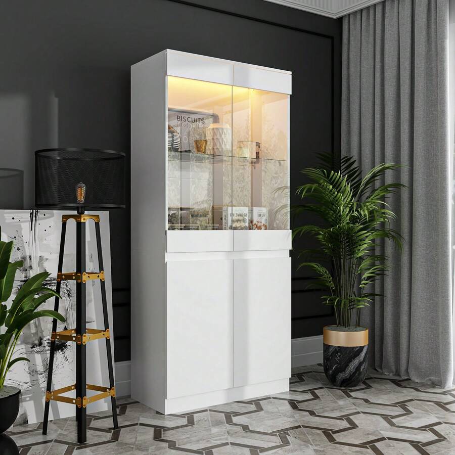 3-Color LED Lighted Storage Cabinet, Large Kitchen Pantry Cabinet ...