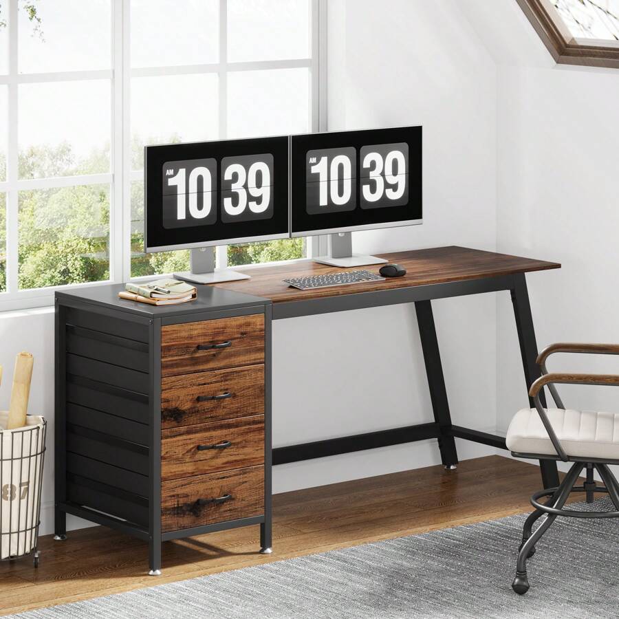 Tribesigns Computer Desk with 4 Drawers, 55 Inches Reversible Home ...