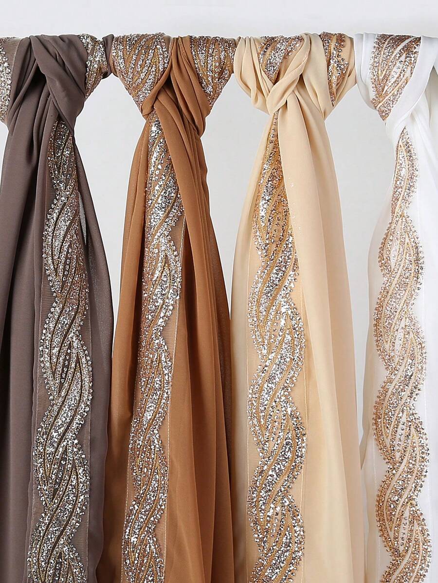 1pc Ladies' Solid Color Oversized Wave Shaped Shimmer Hijab With Floral ...