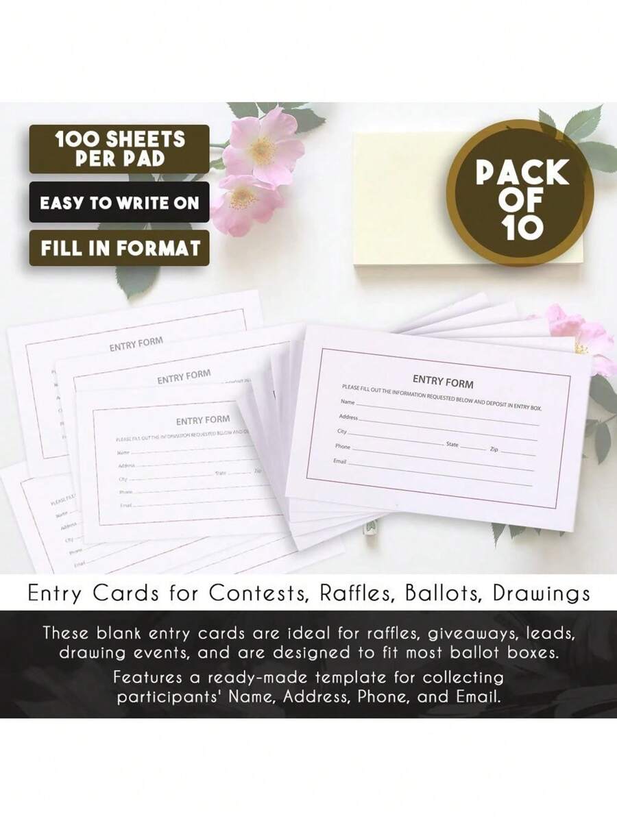 1000 Entry Forms - 10 Pads With 100 Sheets Per Pad - Entry Cards For ...