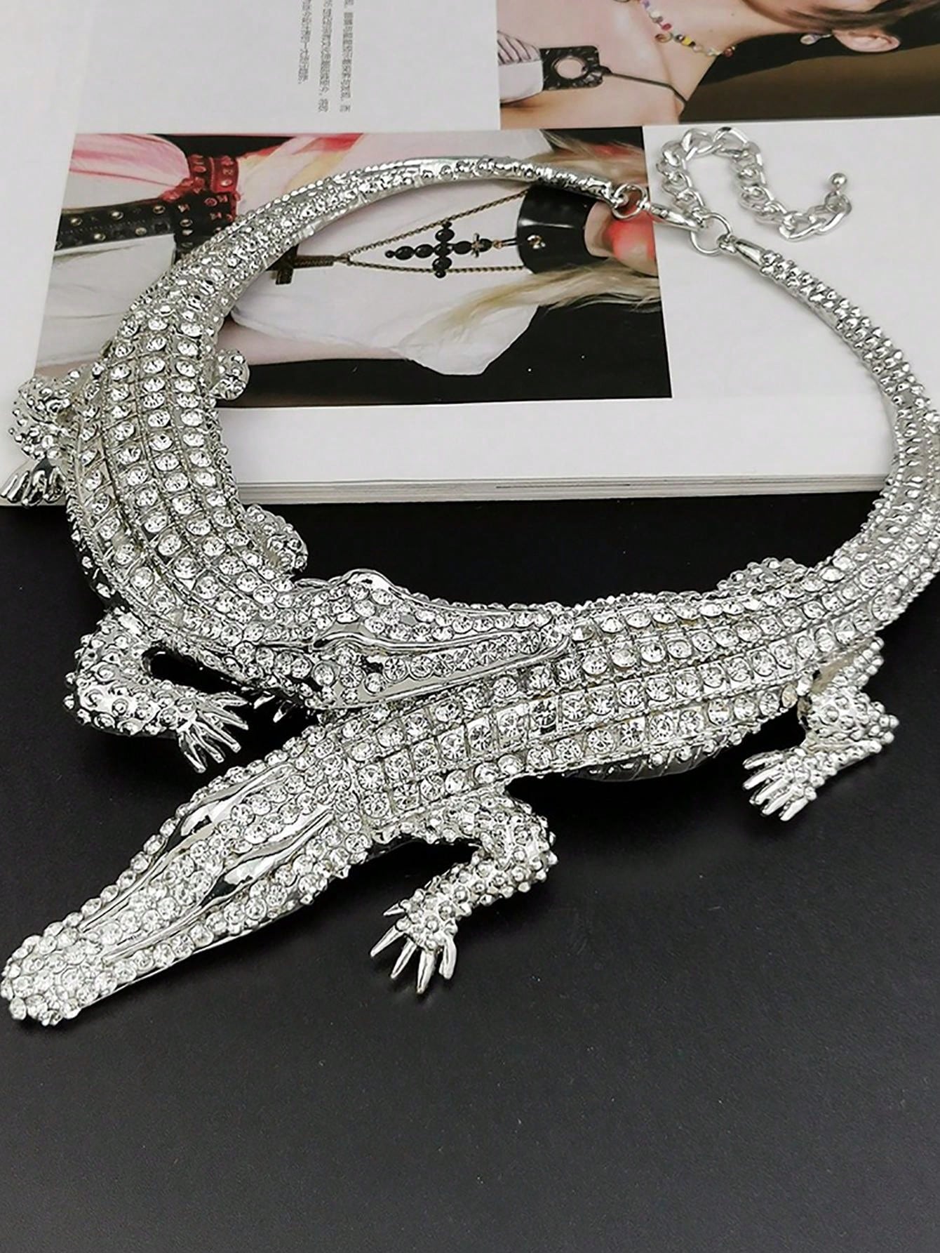1set Bold Fashionable Double Alligator Collar Necklace With Full ...