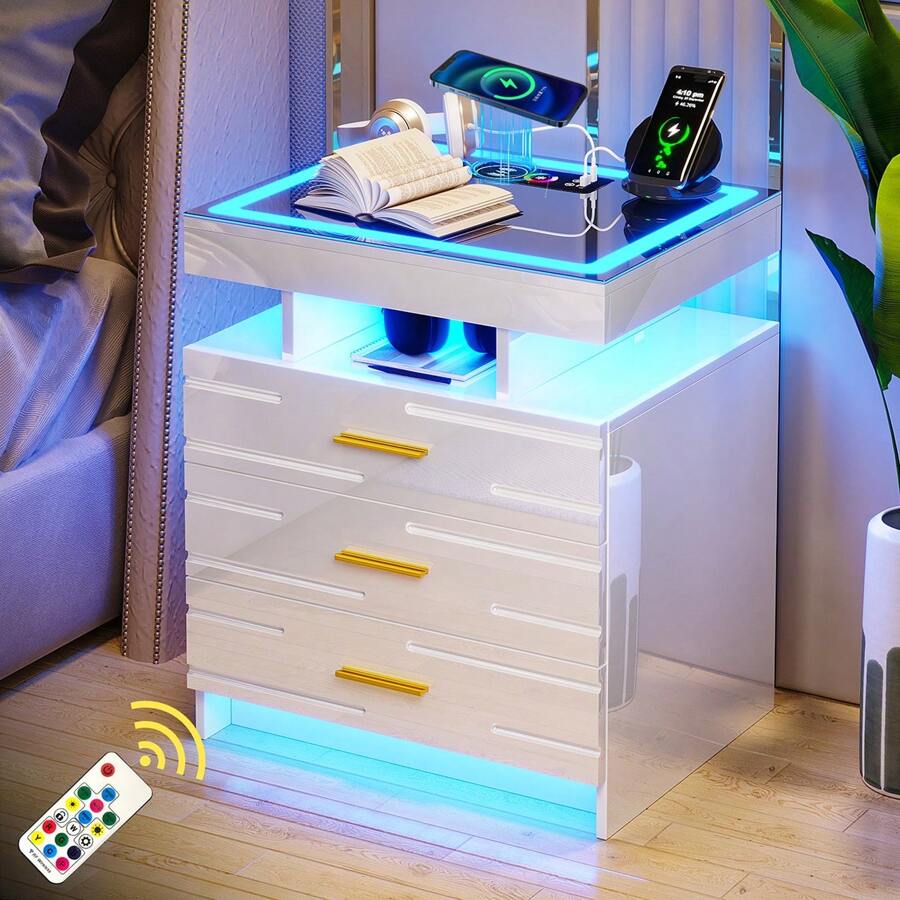 HNEBC RGB LED Nightstand Set of 2 with Charging Station(USB+Type-C ...