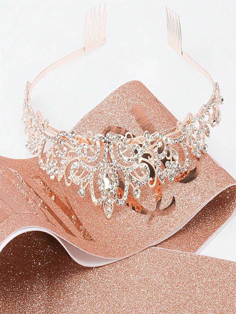 Bling Rhinestone Rose Gold Crystal Crown Tiara Birthday Queen Sash and ...