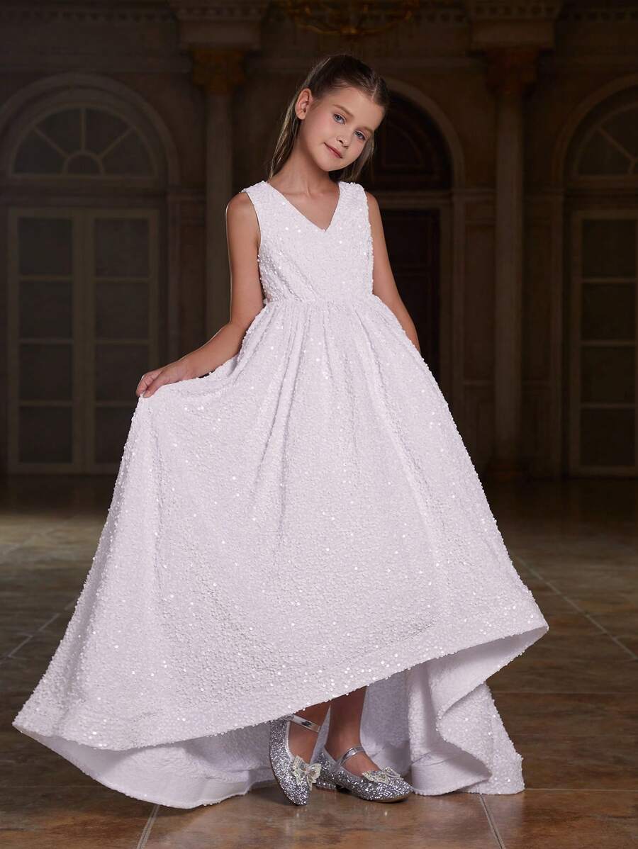 Tween Girl Bowknot Back High Low Hem Sequin Party Dress | SHEIN USA