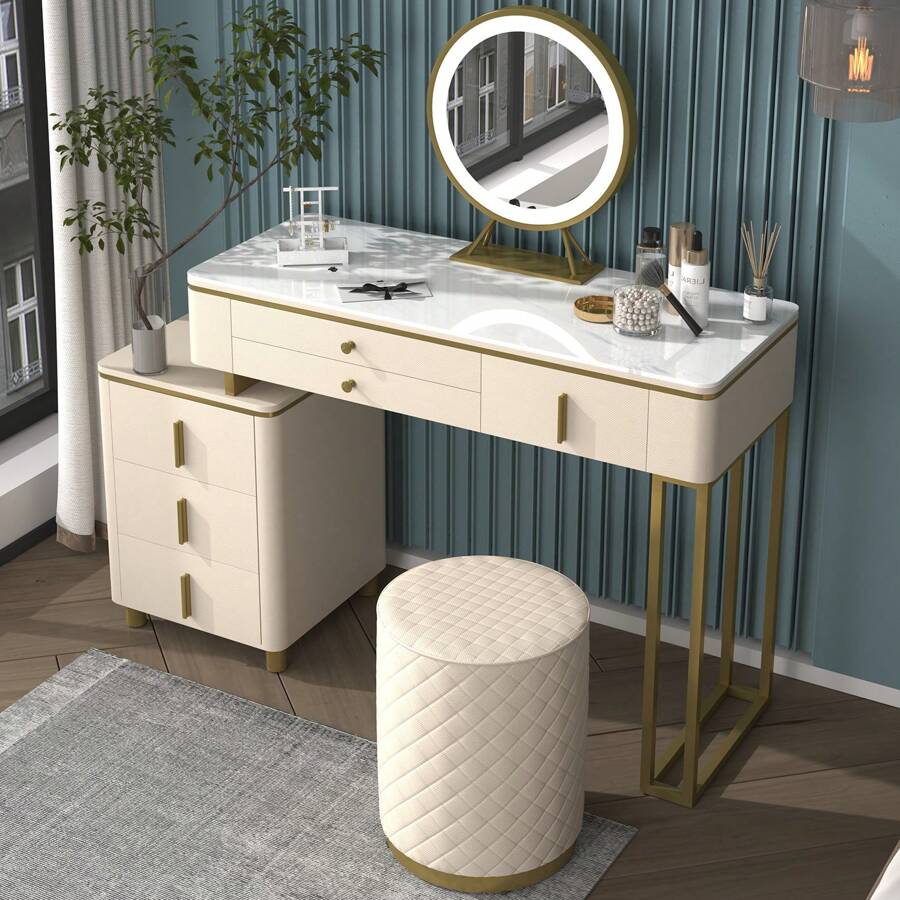 Mjkone Beige Vanity Desk, Makeup Vanity Table Set with Touch Screen LED ...